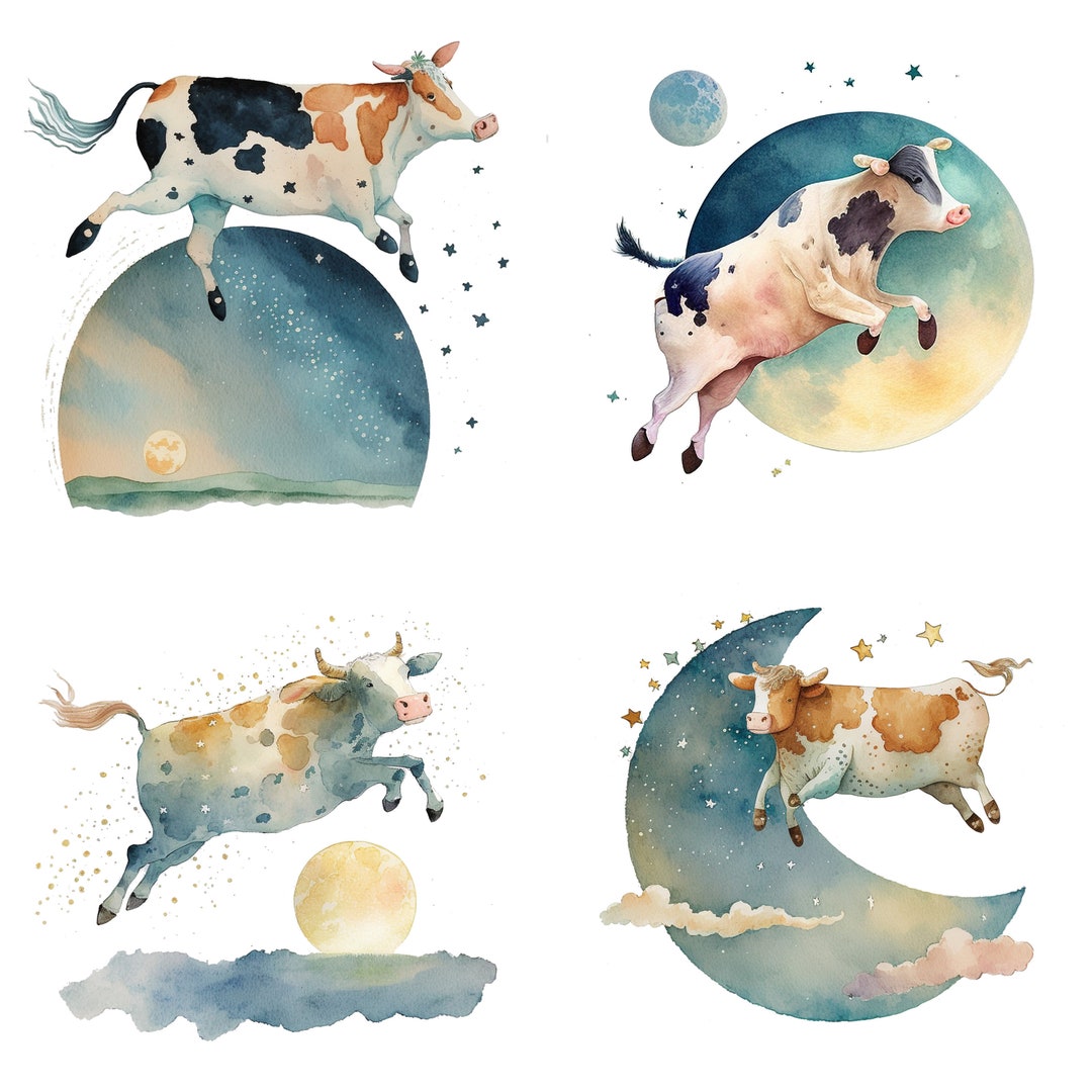 Watercolor Cow Jumping Over the Moon Digital Download - Etsy