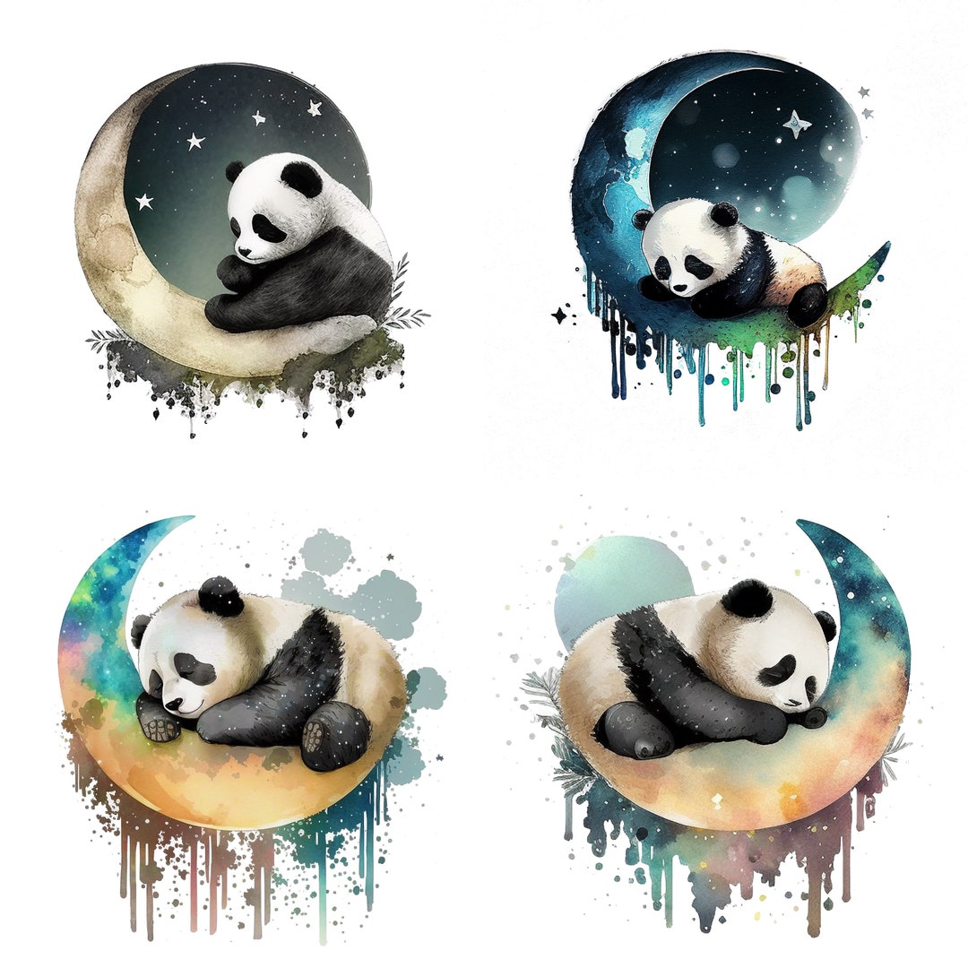 Watercolor Panda Crescent Moon Stars Nursery Decor, Space Theme Digital ...