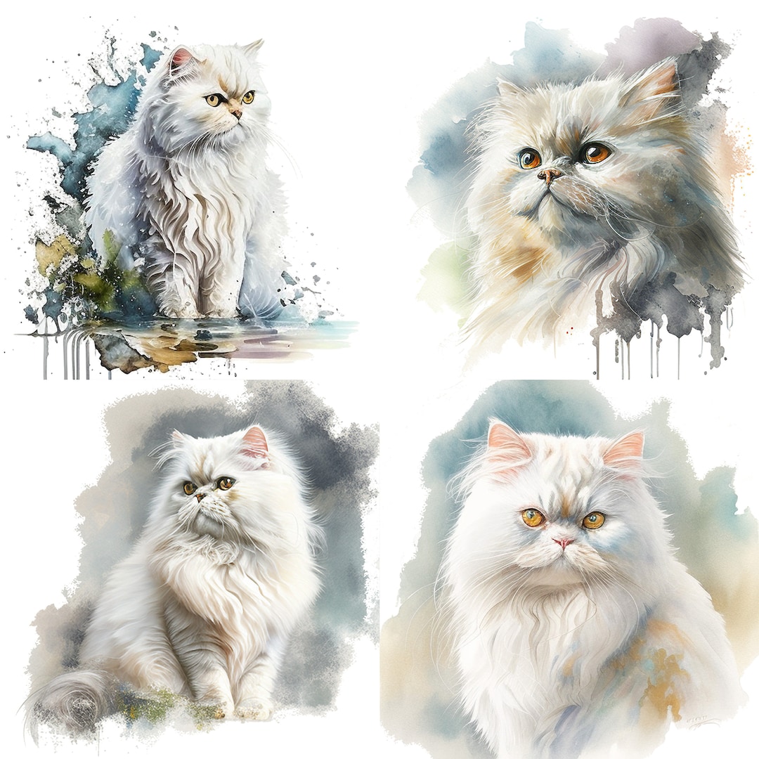 Watercolor White Persian Cat Portrait Clipart Set of 4 - Cat Graphics ...