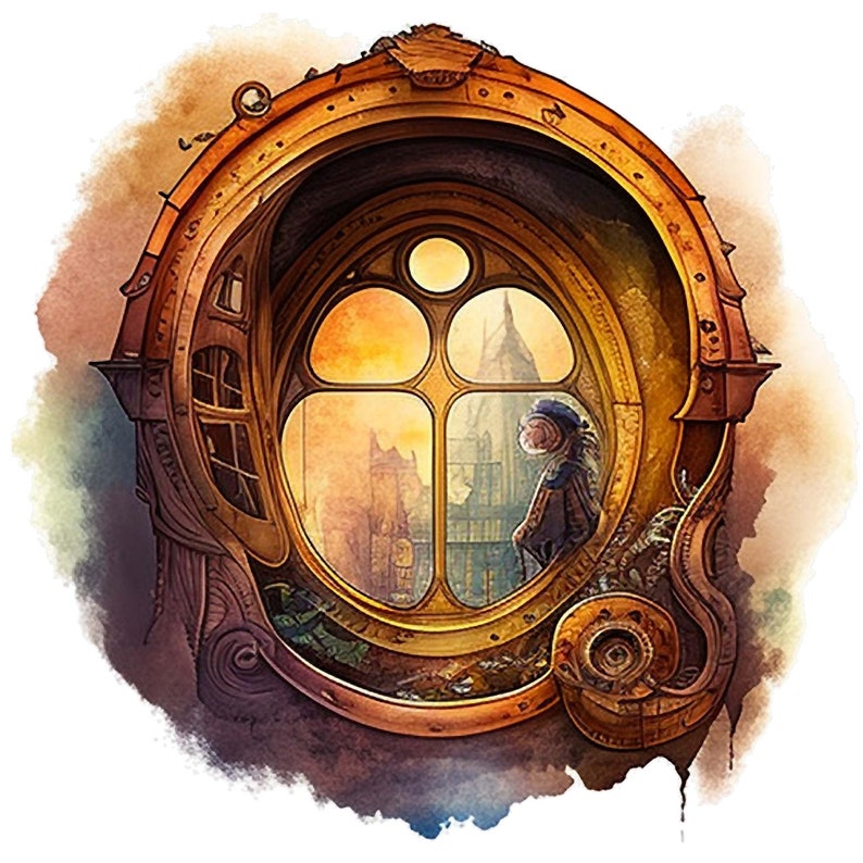 Set of 4 Watercolor Steampunk Window Clipart PNG Files for - Etsy