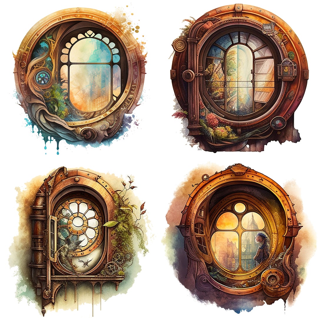 Set of 4 Watercolor Steampunk Window Clipart PNG Files for Sublimation ...