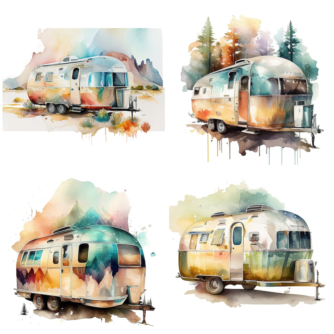 Watercolor Airstream Campervan RV Décor Road Trip Camping Art Set of 4 Clipart PNG Files for ...