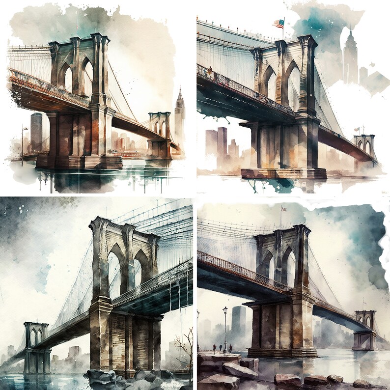 Brooklyn Bridge Watercolor Clipart Set of 4 New York Brooklyn - Etsy