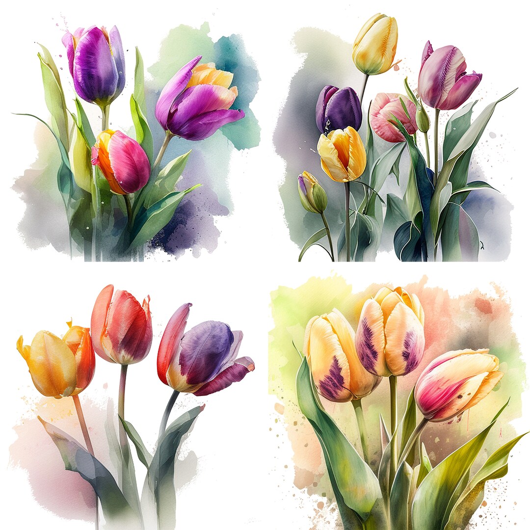 Spring Tulip Flower Bouquet Watercolor Botanical Clipart Print Set of 4 ...