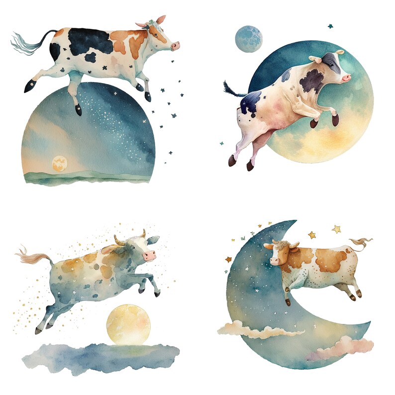 Watercolor Cow Jumping Over the Moon Digital Download - Nursery Art ...