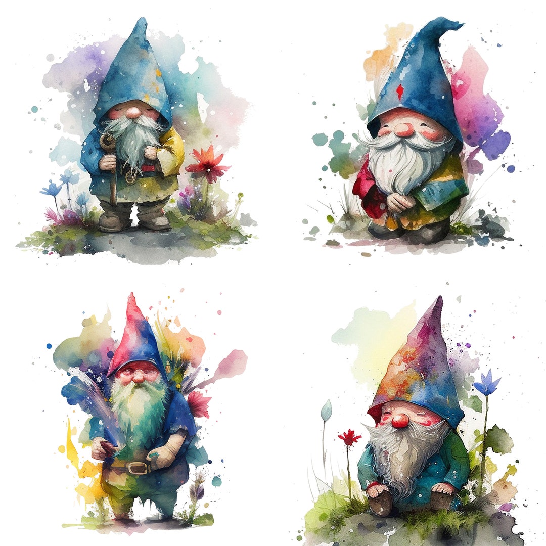 Set of 4 Cute Garden Gnome Watercolor Clipart, Gnome Sublimation, Gnome ...