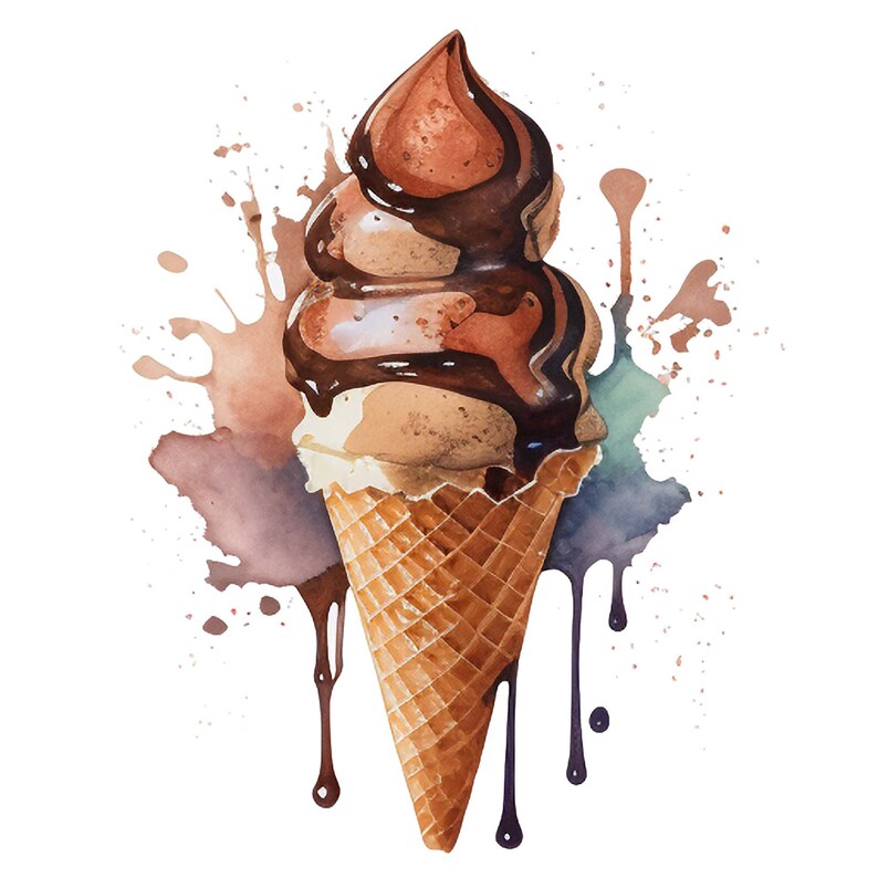 Chocolate Ice Cream Cone Watercolor Set of 4 Digital Download Files ...