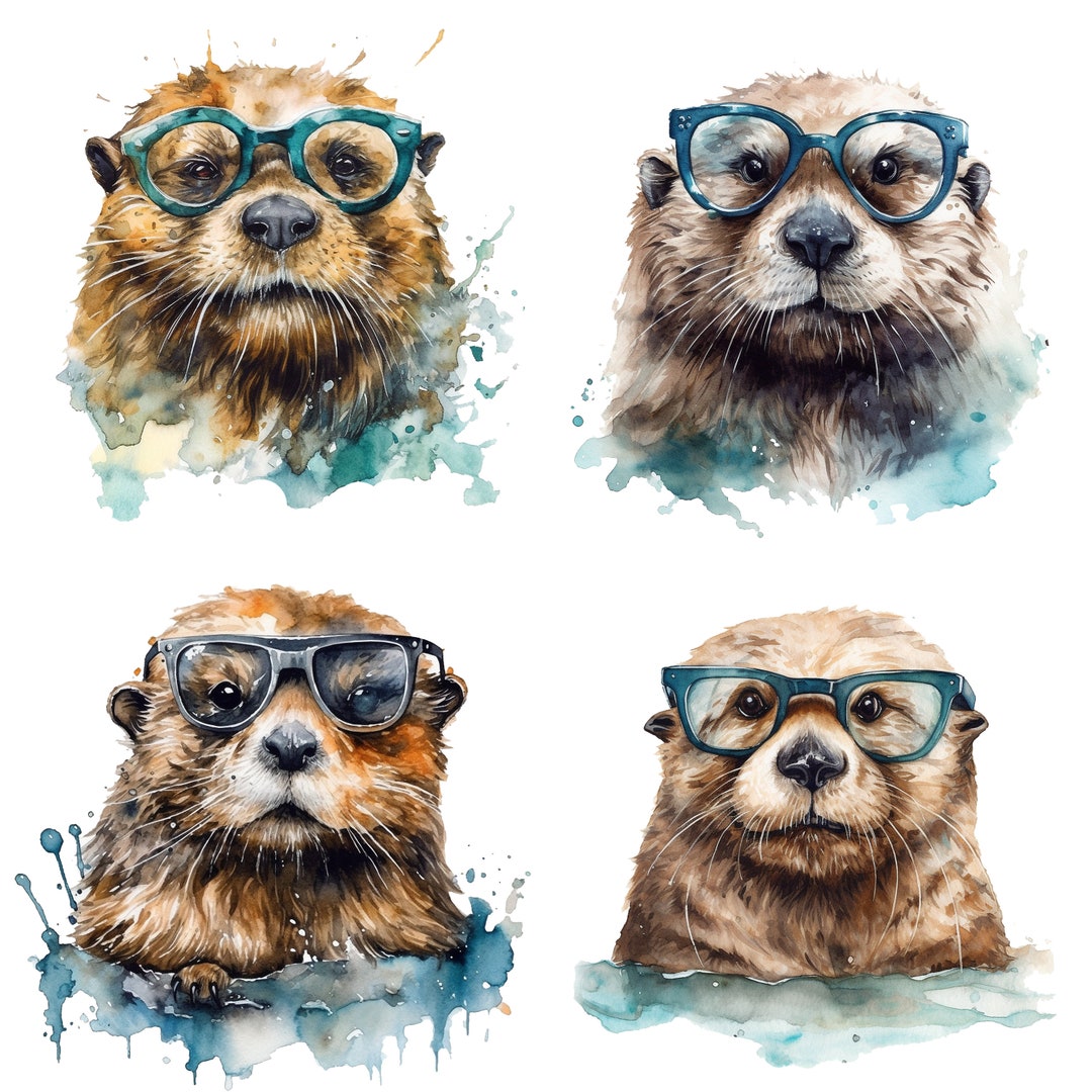 Cute Otter in Glasses Set of 4 Portraits PNG Set Watercolor Clipart for ...