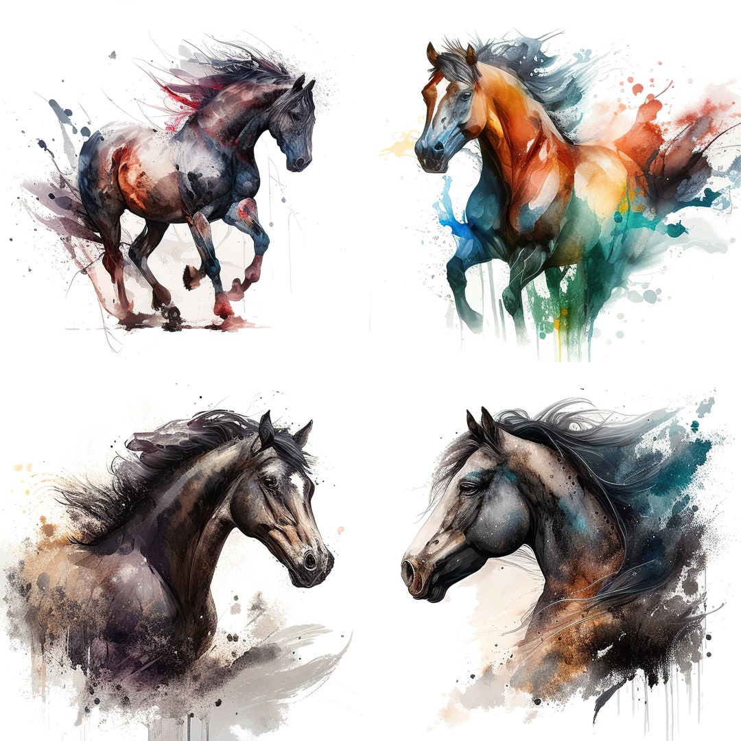 Set of 4 Horse Watercolor Clipart, Nursery Decor Wall Art, Farm Animal ...