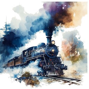 Set of 4 Watercolor Steam Trains, Train Sublimation Steam Engine Choo ...