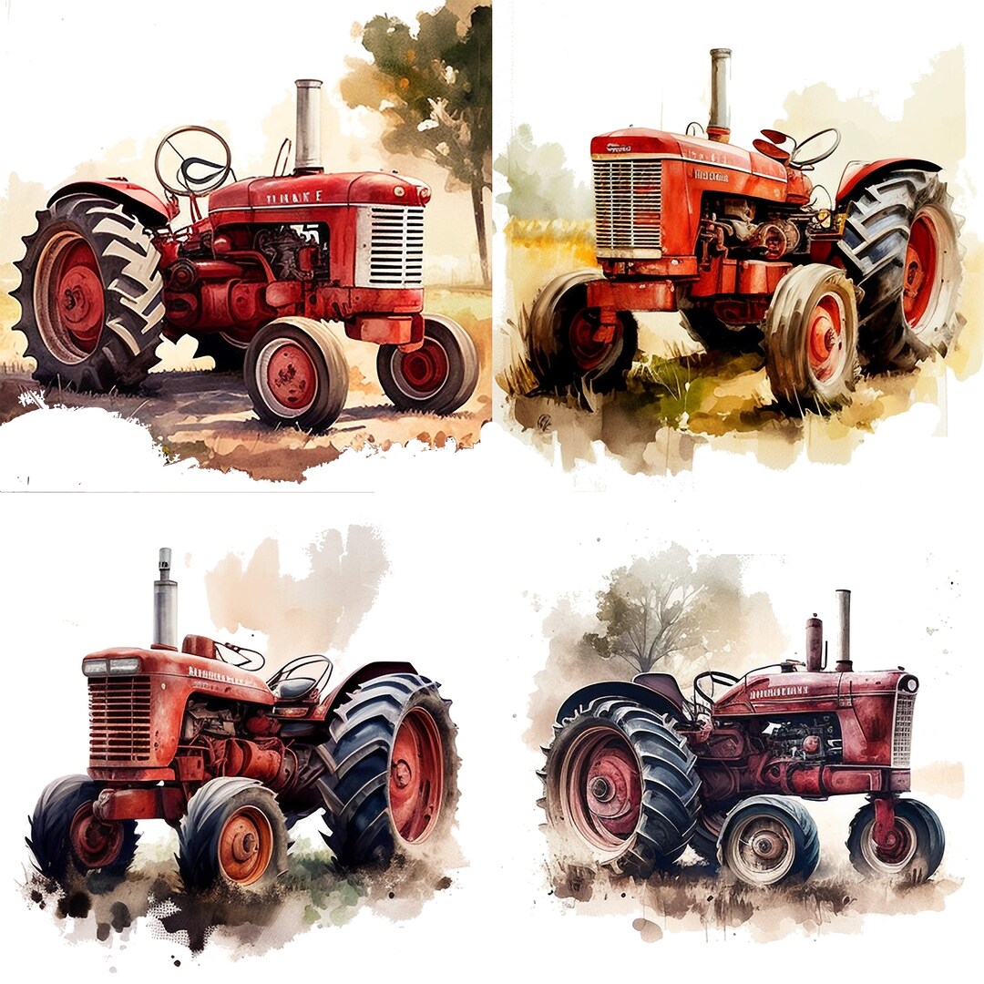 Set of 4 Farmall Tractor Watercolor Clipart Red Tractor Boys Nursery ...