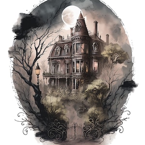 Haunted House Watercolor Clipart Haunted Mansion Print Spooky Wall Art ...