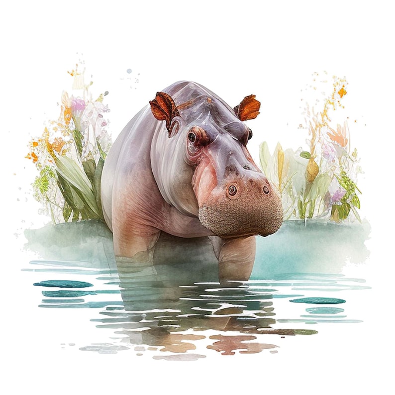 Watercolor Hippo Clipart Set of 4 Commercial Use PNG - Etsy