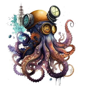 Set of 4 Watercolor Steampunk Octopus PNG Clipart Files Steam Punk ...