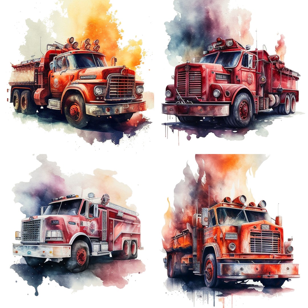 Watercolor Fire Truck Illustration, Fire Truck PNG Clipart, 4 Fireman ...