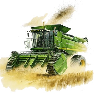 Set of 4 Green Combine Clipart Files Harvester Tractor Watercolor Farm ...