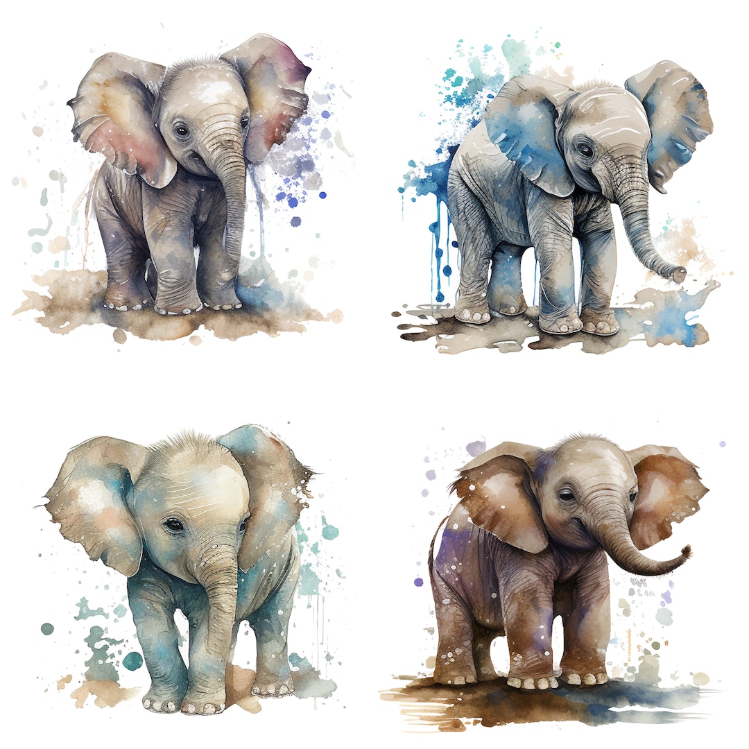 Watercolor Baby Elephant Set of 4 PNG Files for Coasters T-shirts and ...