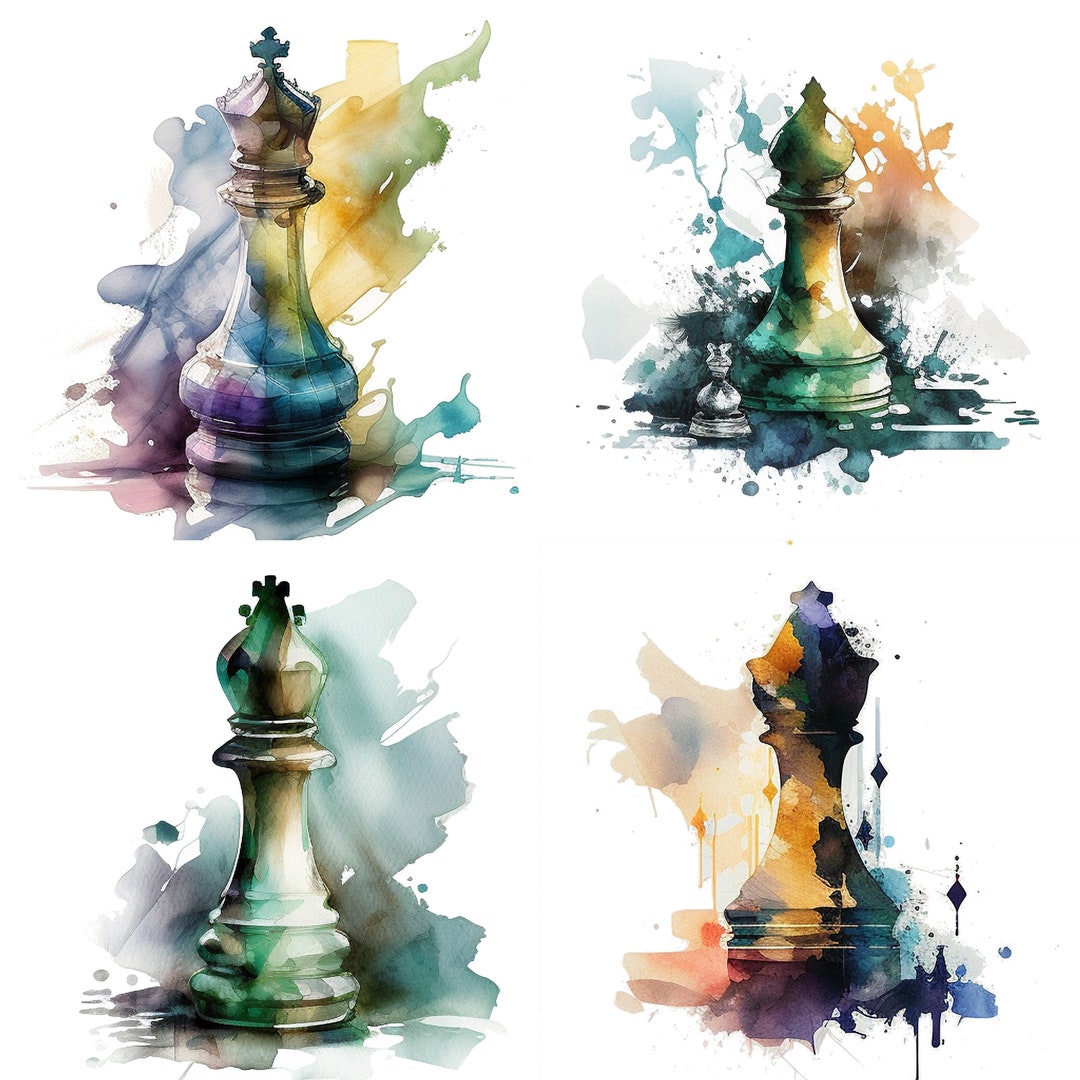 Set of 4 Chess Piece PNG Files, Chess Sublimation Print Watercolor ...