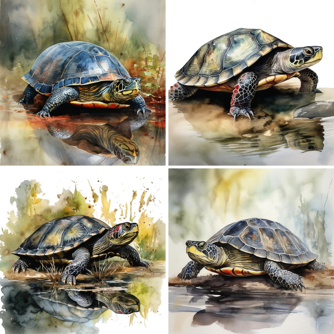 Turtle Watercolor Clipart Painted Turtle Clipart Set of 4 Digit Digital ...
