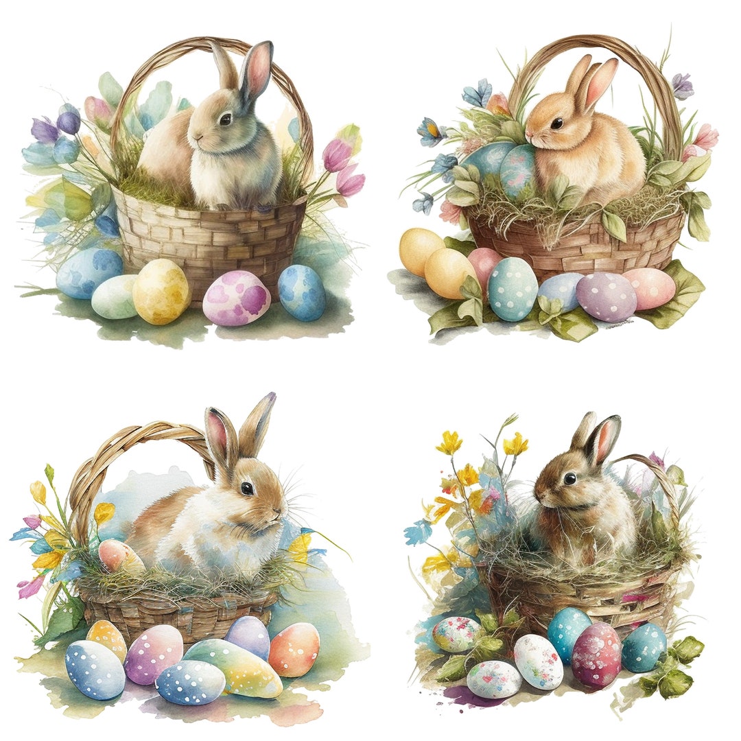 Watercolor Easter Bunny Basket Set of 4 Clipart PNG Files - Sublimation ...