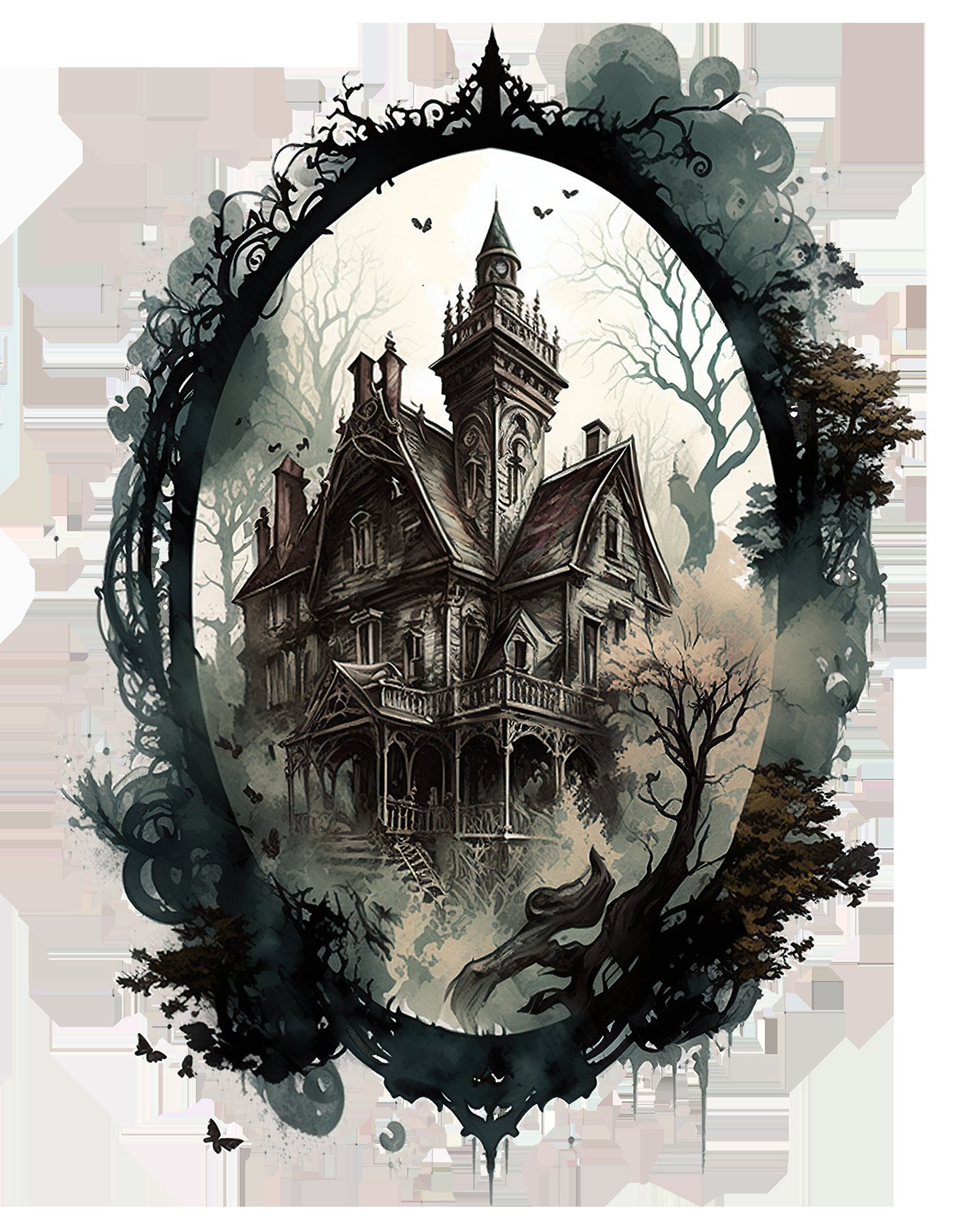Haunted Mansion Watercolor Clipart Spooky Wall Art Gothic Halloween ...