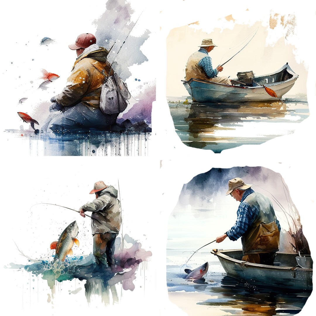 Set of 4 Watercolor Fishing Clipart - Father's Day Fishing, Summer ...