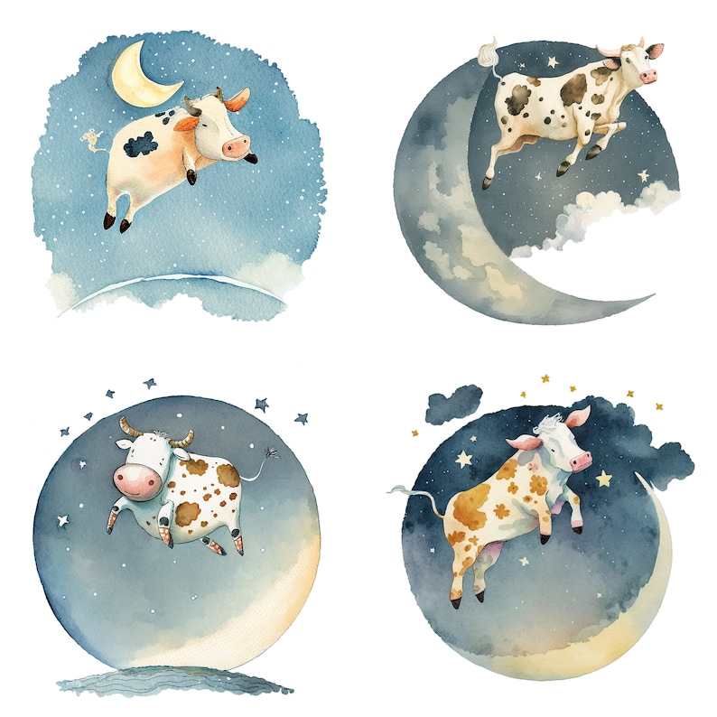 Watercolor Cow Jumping Over the Moon Digital Download - Nursery Art ...