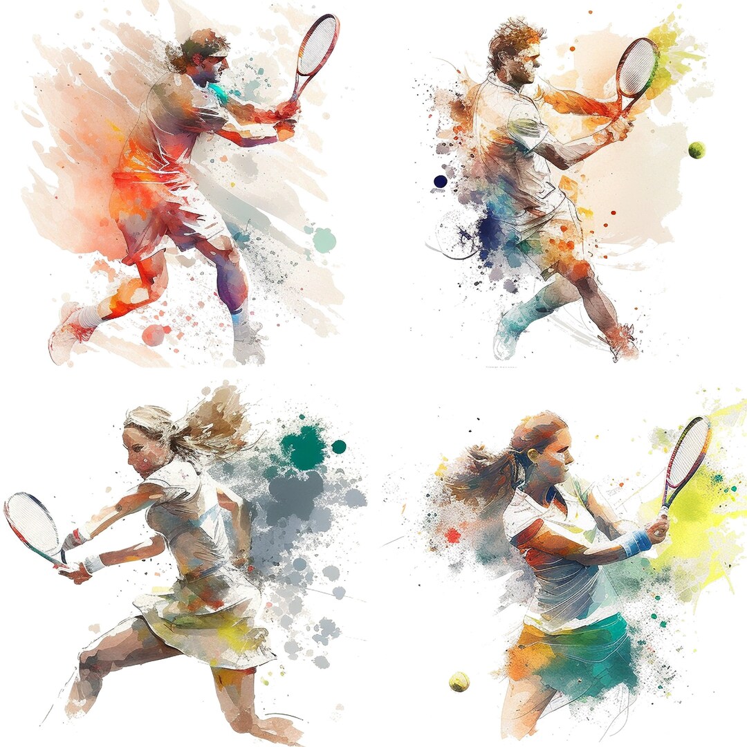 Tennis Player Set of 4, Tennis Printable Art Files Watercolor Tennis ...