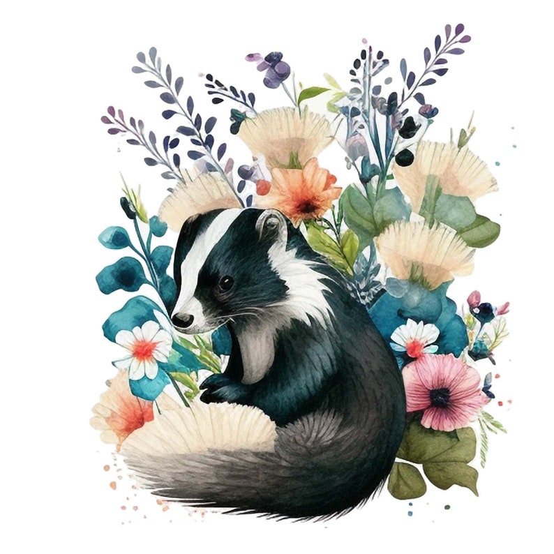 Cute Skunk Watercolor Clipart Skunk Flowers PNG Commercial Use - Etsy