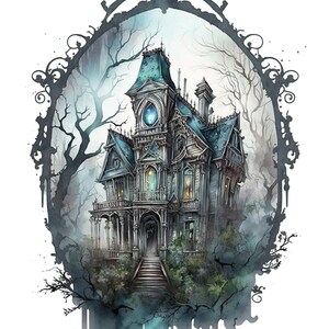 Haunted House Watercolor Clipart Haunted Mansion Print Spooky Wall Art ...