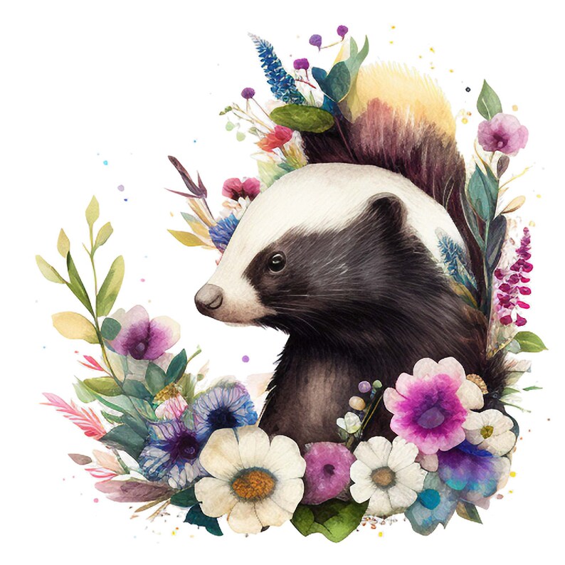 Cute Skunk Watercolor Clipart Skunk Flowers PNG Commercial Use - Etsy
