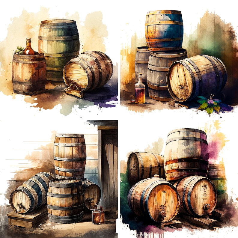 Watercolor Whiskey Barrel Clipart Set of 4 Digital Download - Etsy