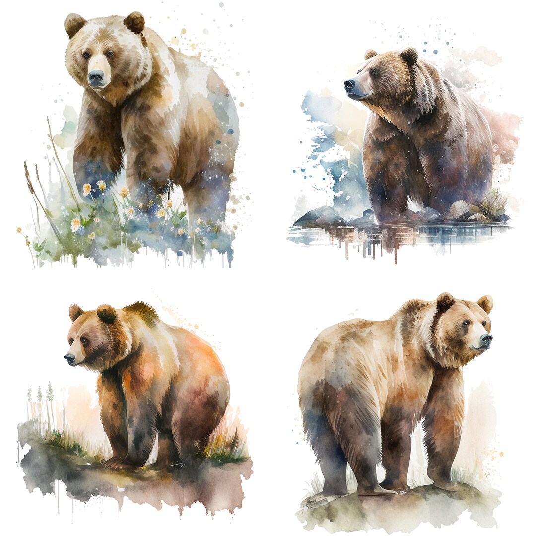Set of 4 Watercolor Grizzly Bear Clipart - Commercial Use PNG Downloads ...