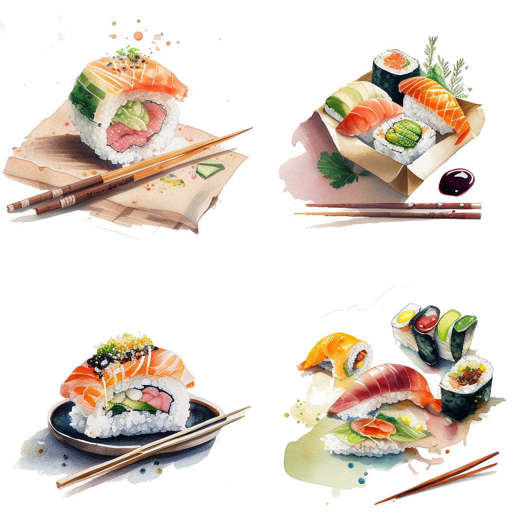 Set of 4 Watercolor Sushi Clipart Japanese Menu Images Watercolor Print ...