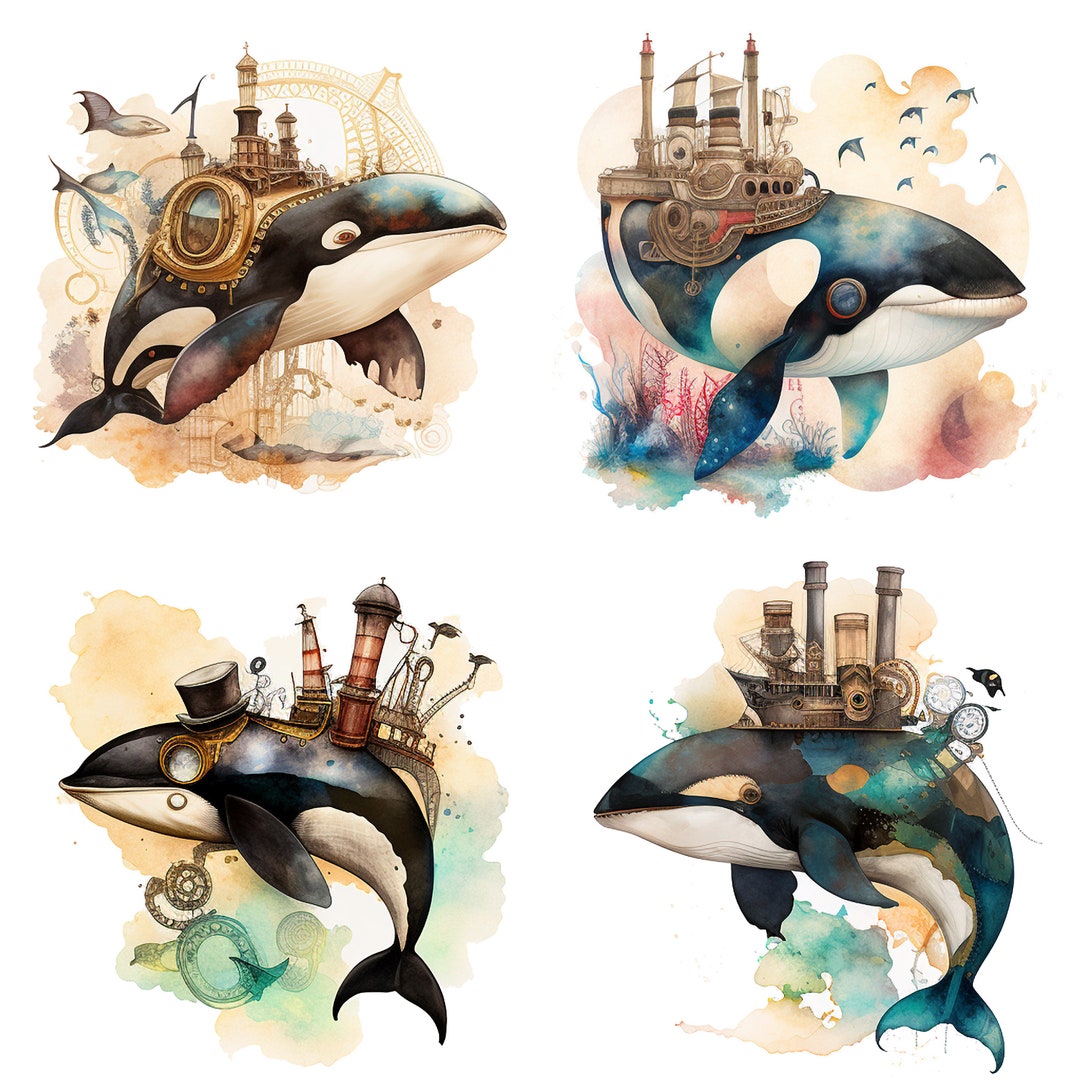Set of 4 Watercolor Steampunk Orca Whale PNG Clipart Files Steam Punk ...