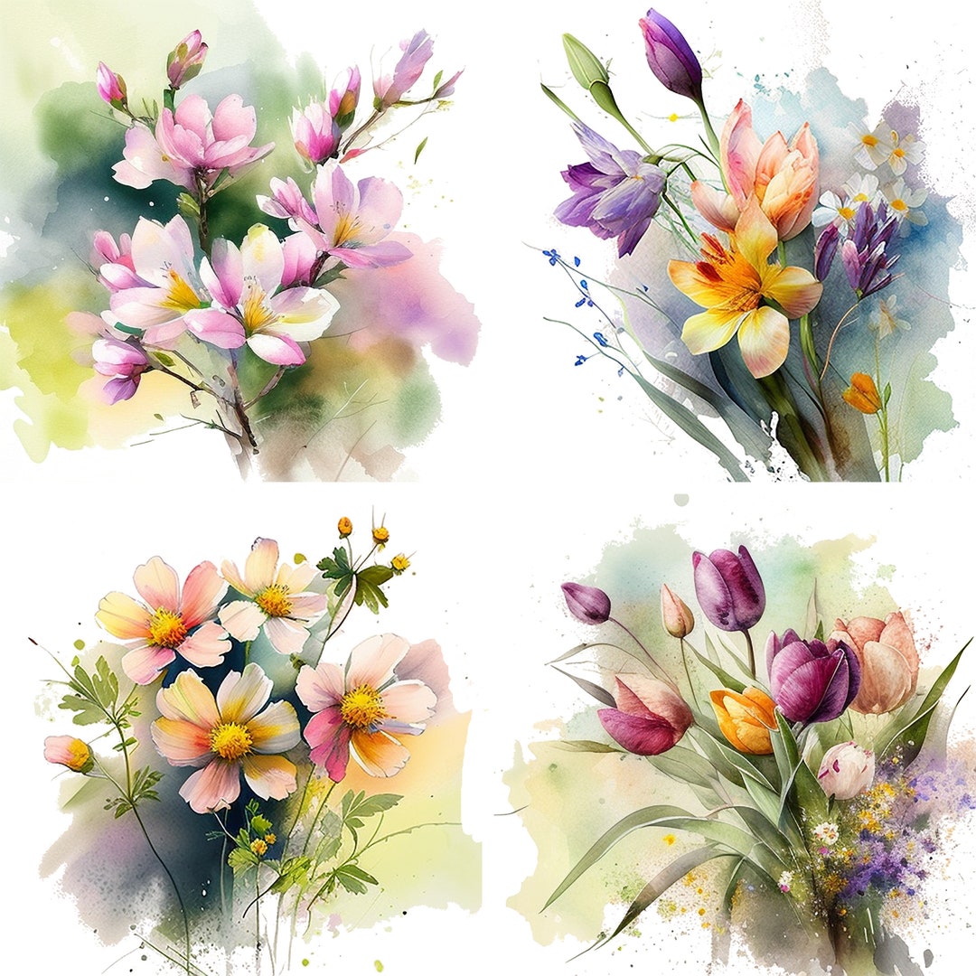 Spring Flower Bouquet Watercolor Botanical Clipart Print Set of 4 PNG ...