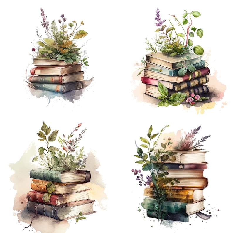 Set of 4 Watercolor Books With Flowers, Spring Illustration, Vintage ...