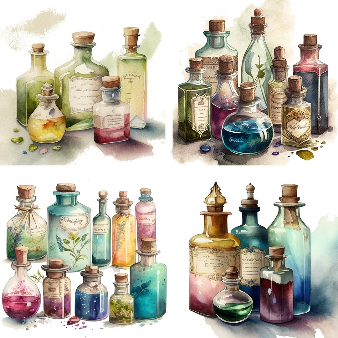 Watercolor Apothecary Bottles Witches Potion Perfume Bottle Clipart Set ...