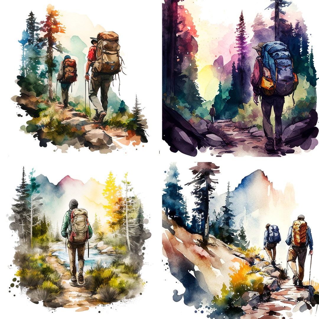 Watercolor Backpacking Hiking Clipart Set of 4 PNG Bundle Landscape ...