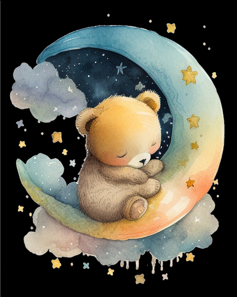 Watercolor Teddy Bear Sleeping With Crescent Moon - Nursery Clipart and ...