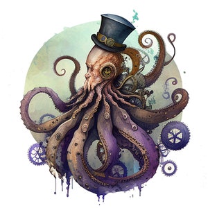 Set of 4 Watercolor Steampunk Octopus PNG Clipart Files Steam Punk ...