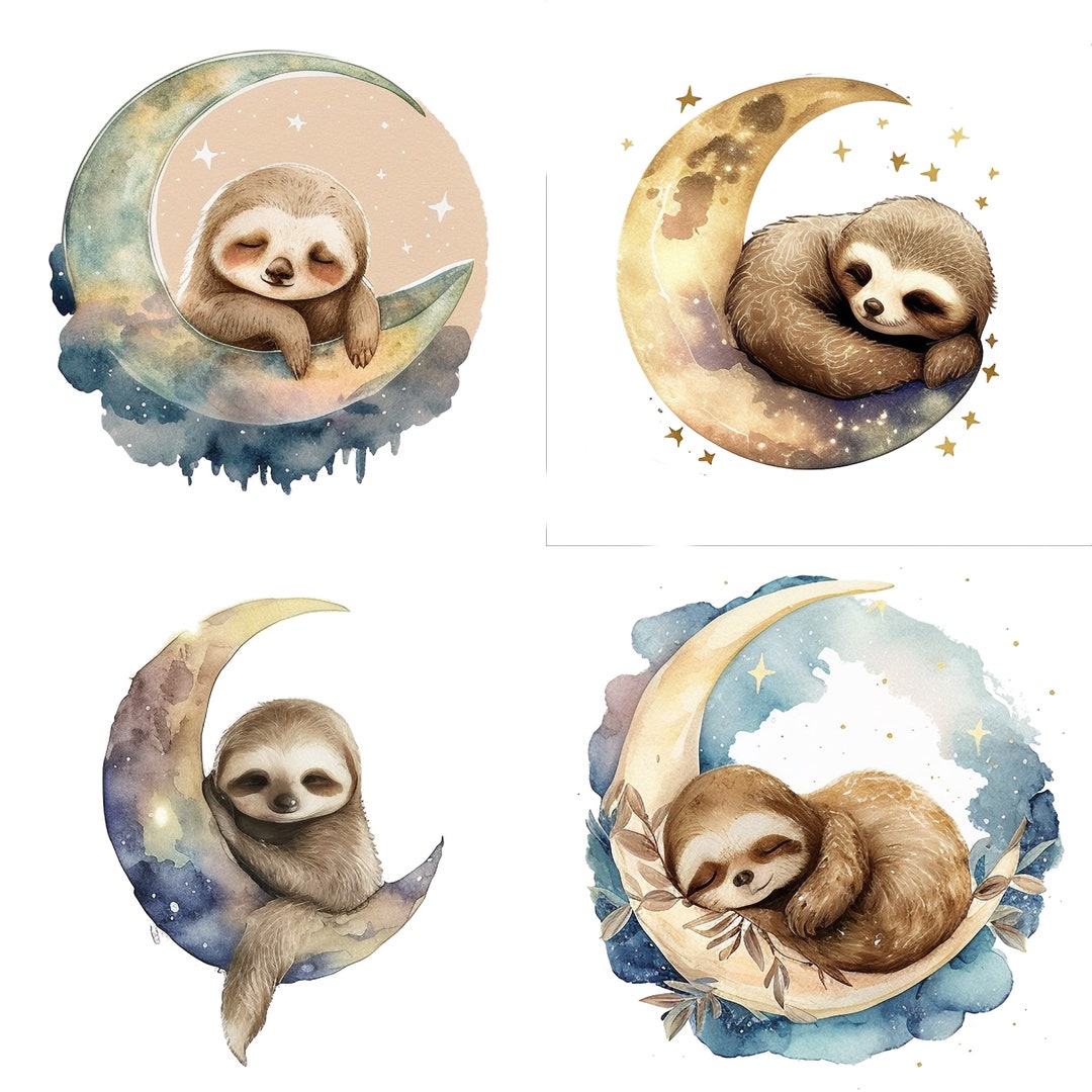 Watercolor Baby Sloth Cresent Moon Stars Gender-neutral Clindrens ...