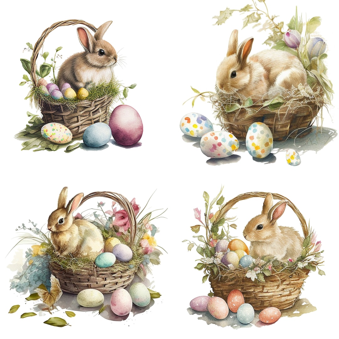 Watercolor Easter Bunny Easter Basket Set of 4 Clipart PNG Files ...