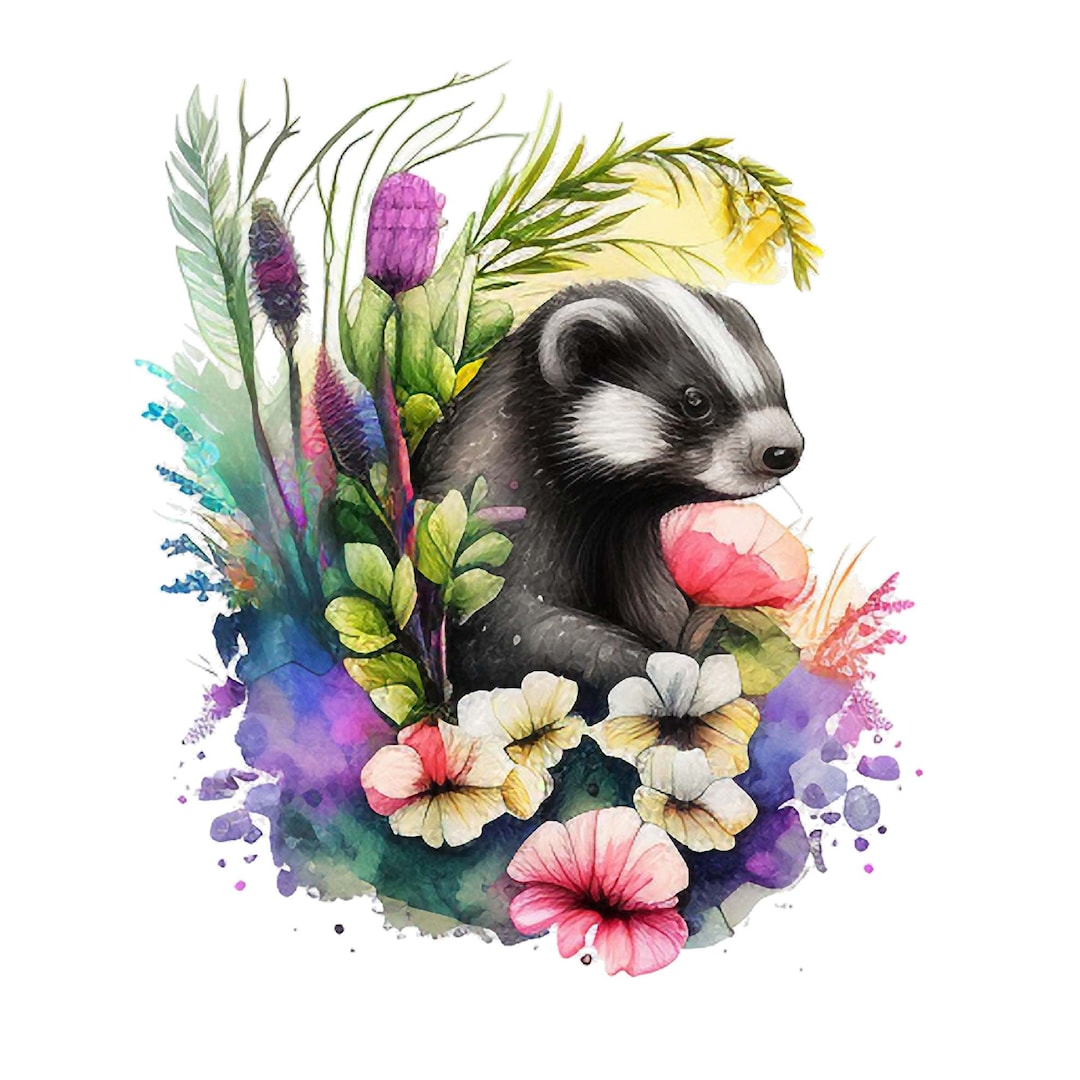 Cute Skunk Watercolor Clipart Skunk Flowers PNG Commercial Use Forest ...