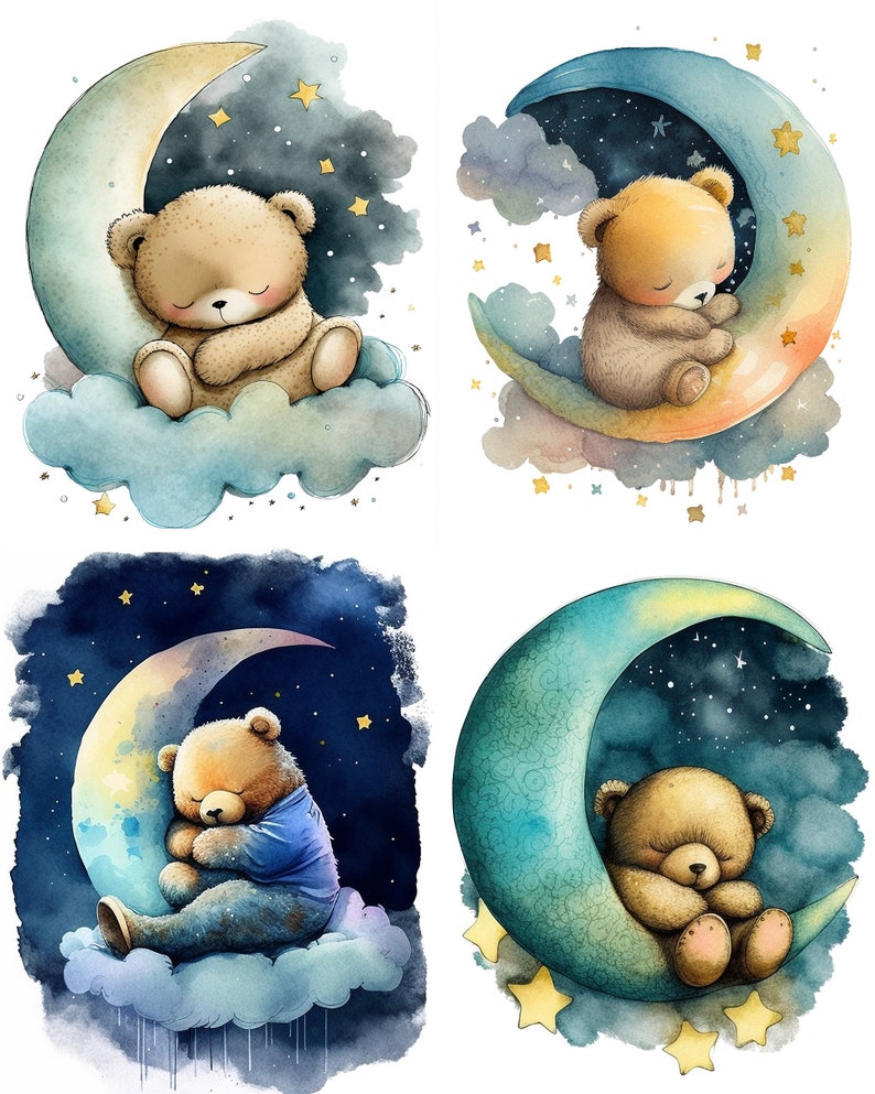 Watercolor Teddy Bear Sleeping With Crescent Moon - Nursery Clipart and ...