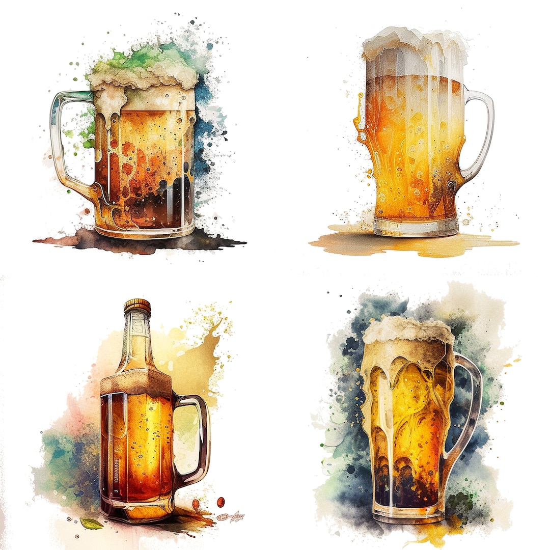 Watercolor Beer Clipart Set of 4 Digital Png Beer Files Cold Glass of ...