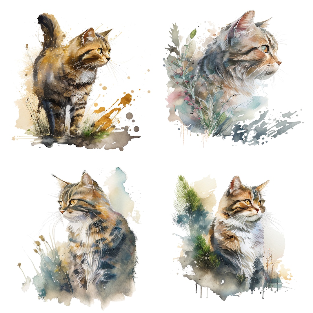 Watercolor Cat Pet Portrait Clipart Set of 4 Commercial Use Digital ...