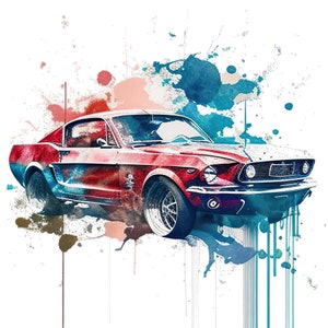Set of 4 Watercolor Mustang PNG, Muscle Car Illustration, Classic Car ...