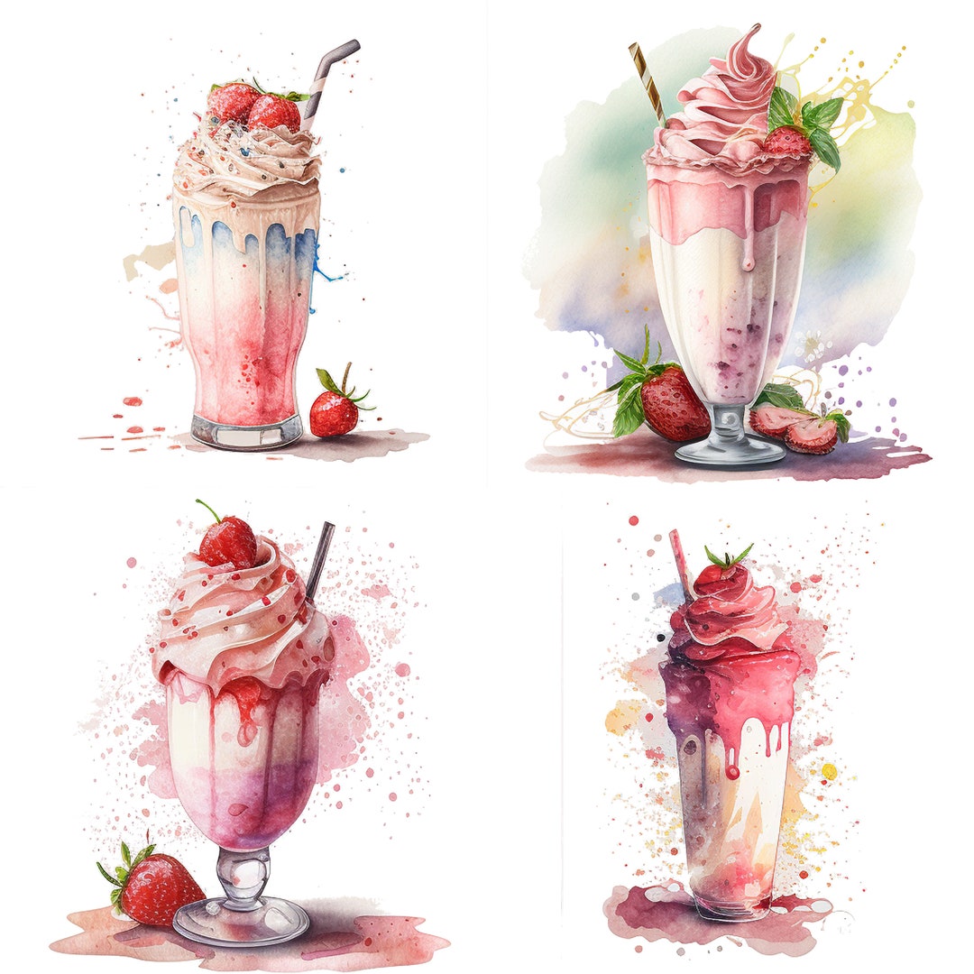 Watercolor Strawberry Milkshake Clipart Set of 4 PNG Files Watercolor ...