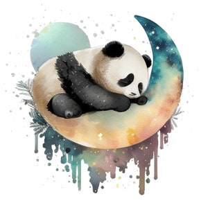 Watercolor Panda Crescent Moon Stars Nursery Decor, Space Theme Digital ...